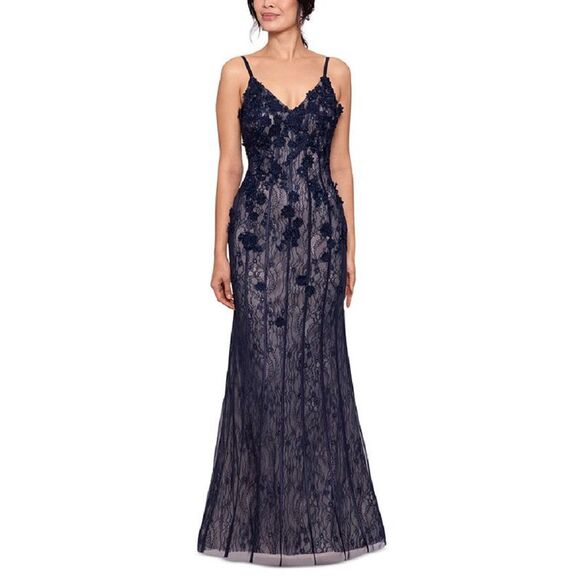 Xscape | Dresses | Xscape Womens 3d Floral Lace Trumpet Gown Blue Size ...